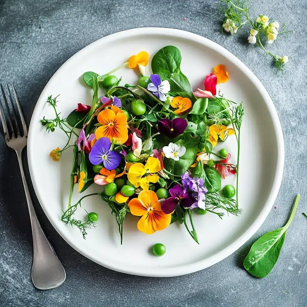 Blossoming Pea Shoot and Edible Flower Medley recipe - Vintage Cooks
