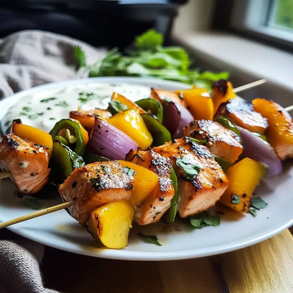 Peach Salmon Skewers with Peach Jalapeno Crema recipes - Vintage Cooks