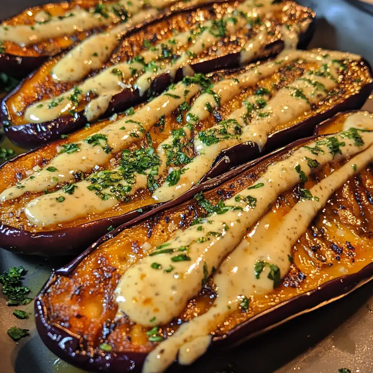 Irresistible Easy Roasted Eggplant with Garlic Tahini Drizzle